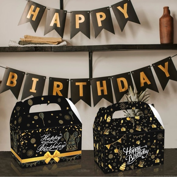 Party Supplies | 12 Pack Happy Birthday Favor Boxes Black Gold Kraft ...